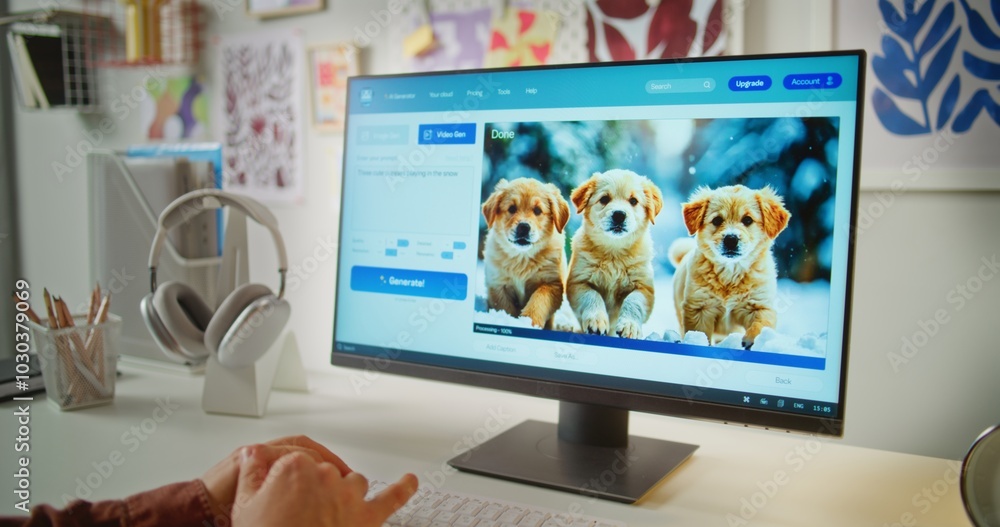Young man types text prompt in AI video generator on computer. PC ...