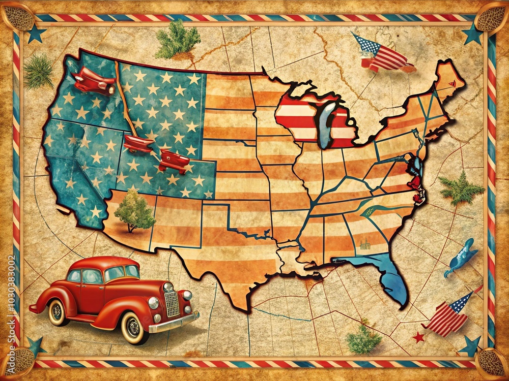 Retro distressed postcard featuring a vibrant patriotic map of the ...