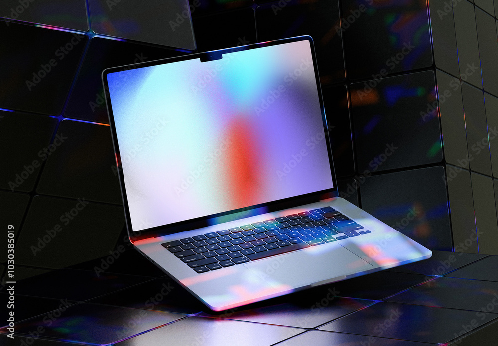 Neon Light Laptop Mockup Stock Template | Adobe Stock