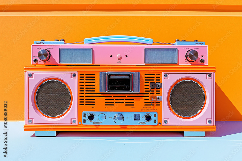 Pink and orange retro boombox with classic dials against a contrasting ...