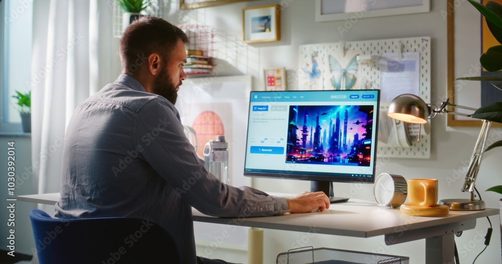 Adult man enters text prompt in artificial intelligence software on ...