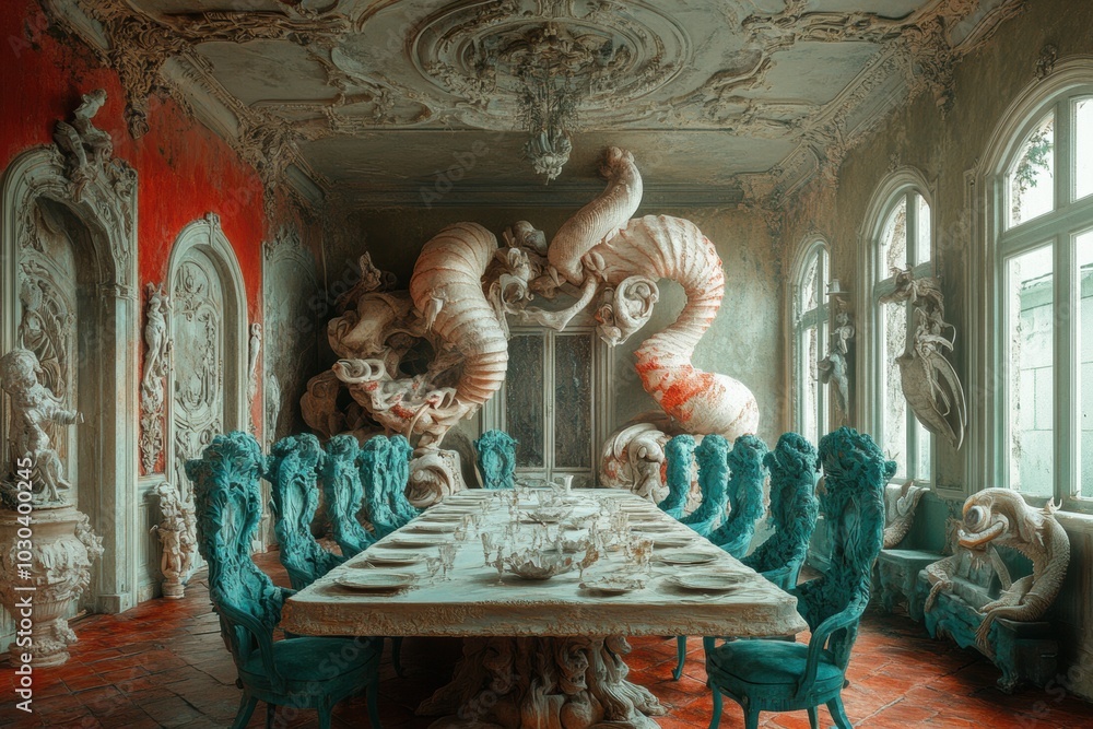 surreal dining experience, in a surreal setting, a never-ending table ...
