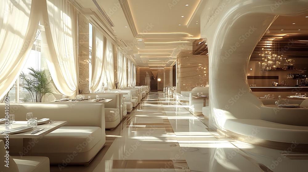 Modern, elegant restaurant interior with white leather booths, large ...