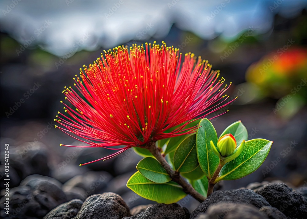Ohia Lehua lei, vibrant and pure, a sacrifice to Pele. In fragrant ...