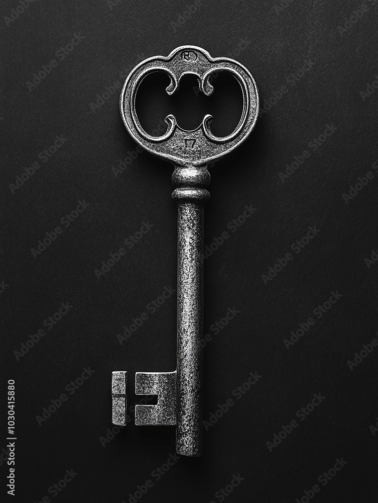 an old key with highly sharp texture, black background, studio ...