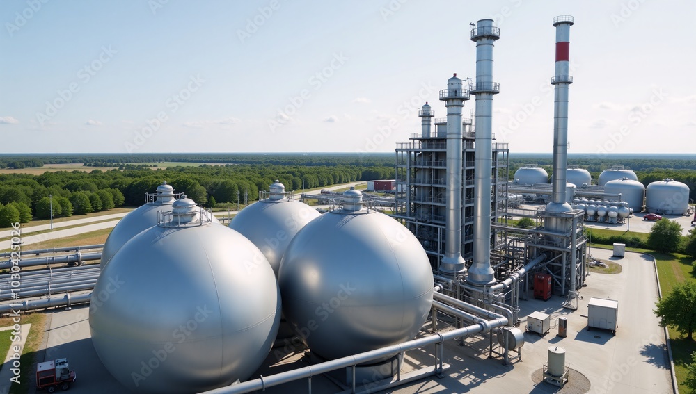 3D model of an industrial chemical plant on a sunny day featuring ...