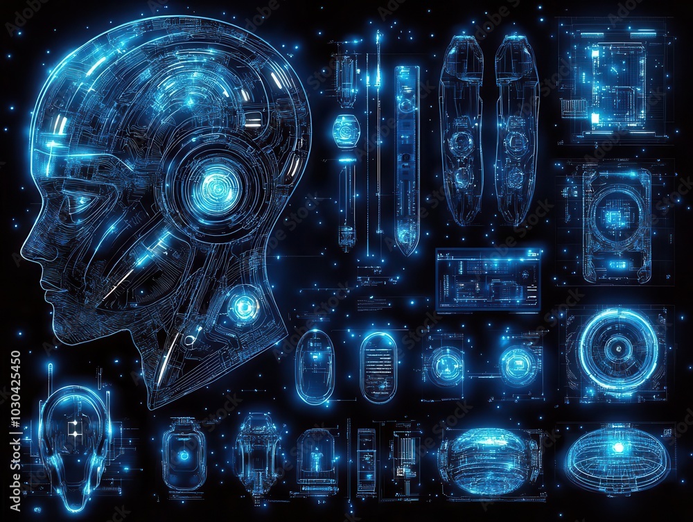 ai generated blue line icons depict various artificial intelligence concepts including ...