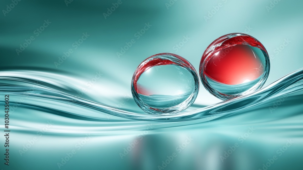 Dos esferas, una roja y otra transparente, flotando sobre suaves ondas ...