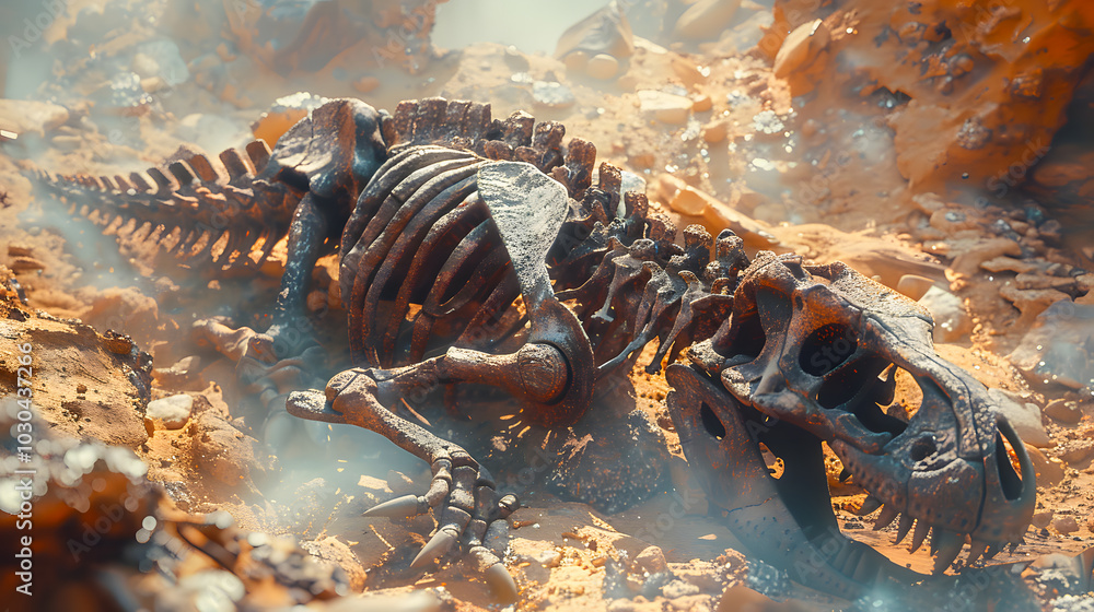 Unearthing a dinosaur skeleton at an excavation site, with fossilized ...