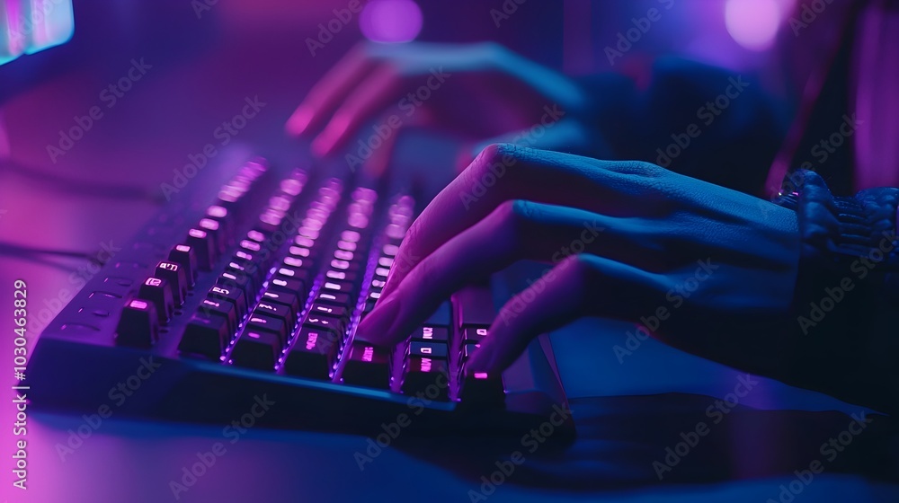 Fingers tapping rhythmic keys on illuminated gaming keyboard with ...