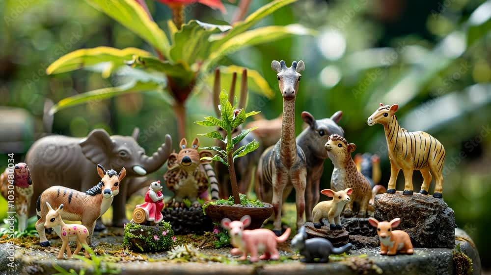 A collection of small animal figurines are arranged in a garden setting ...