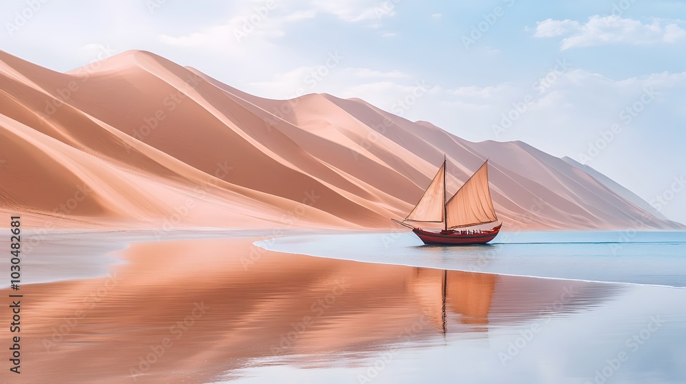 Traditional Arabian Dhow Boat Sailing Across the Serene Sea with Desert ...