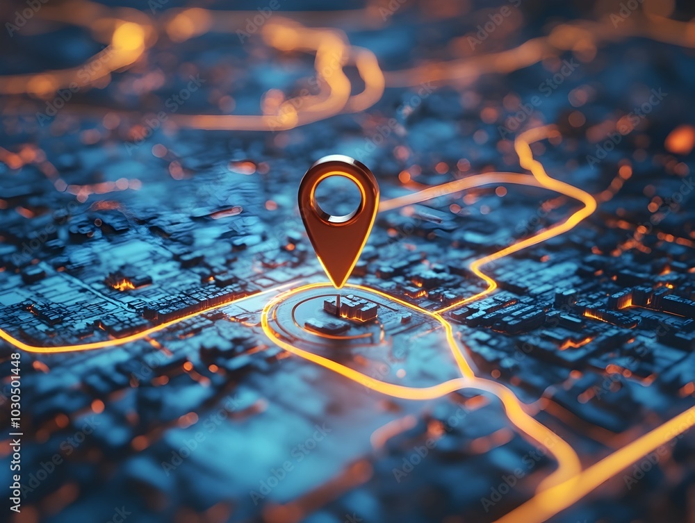 Digital GPS Location Pin on Map with Route Path Concept Stock ...
