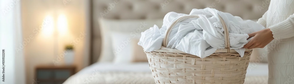 Person holding laundry basket filled with clean white clothes, cozy ...