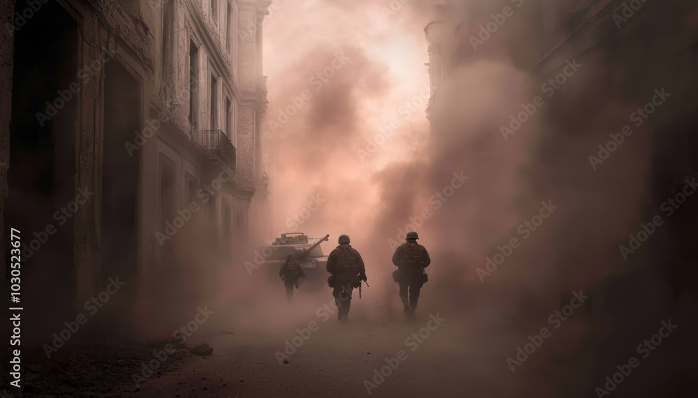 Amidst chaos of ruined city, soldiers navigate through thick smoke and ...