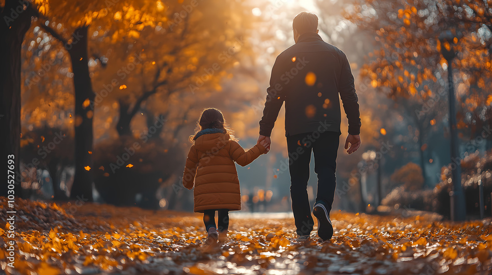 An autumn leaf fall walk with father and daughter. The concept of ...