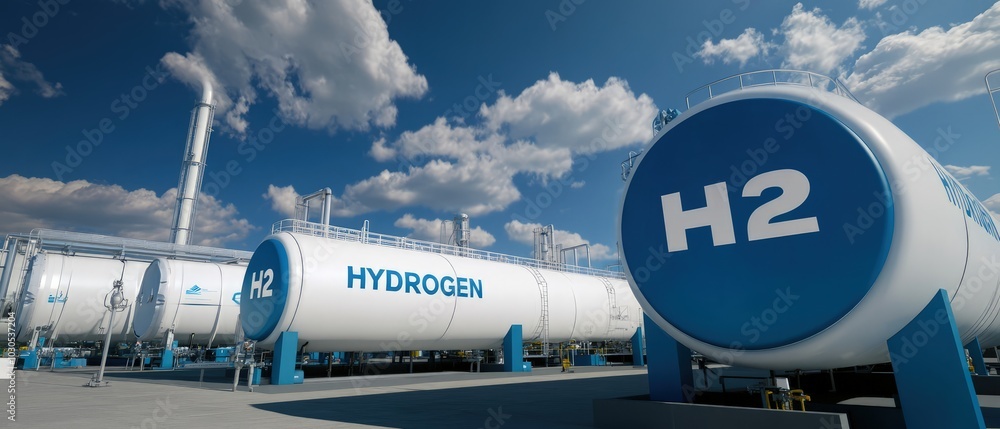 Large Storage Tanks Labeled "H2" and "HYDROGEN" Against Blue Sky ...