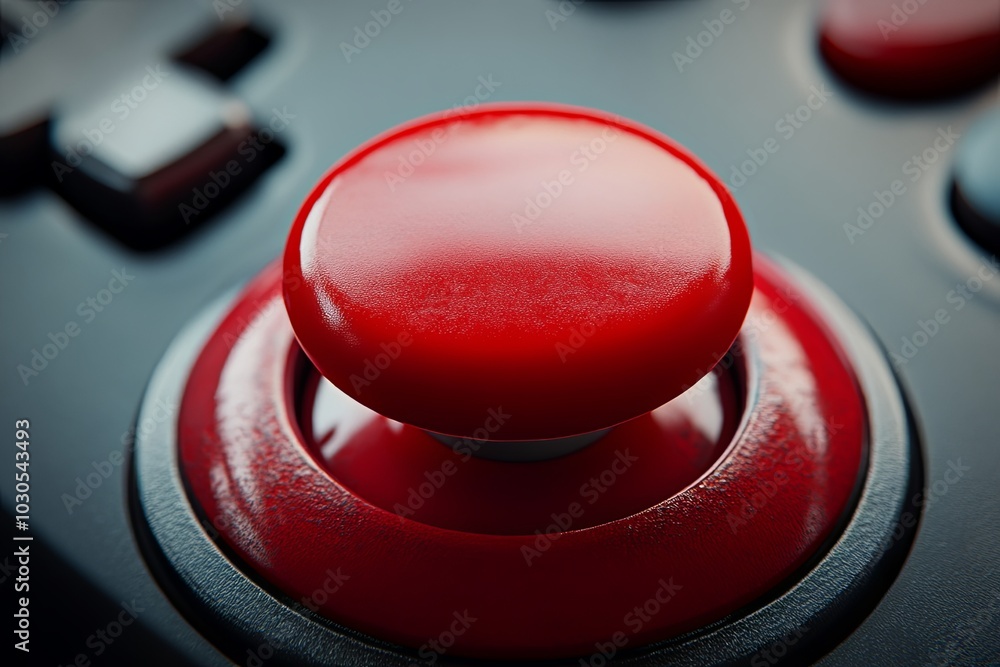 Close-up of a bright red arcade joystick button on a gaming console ...