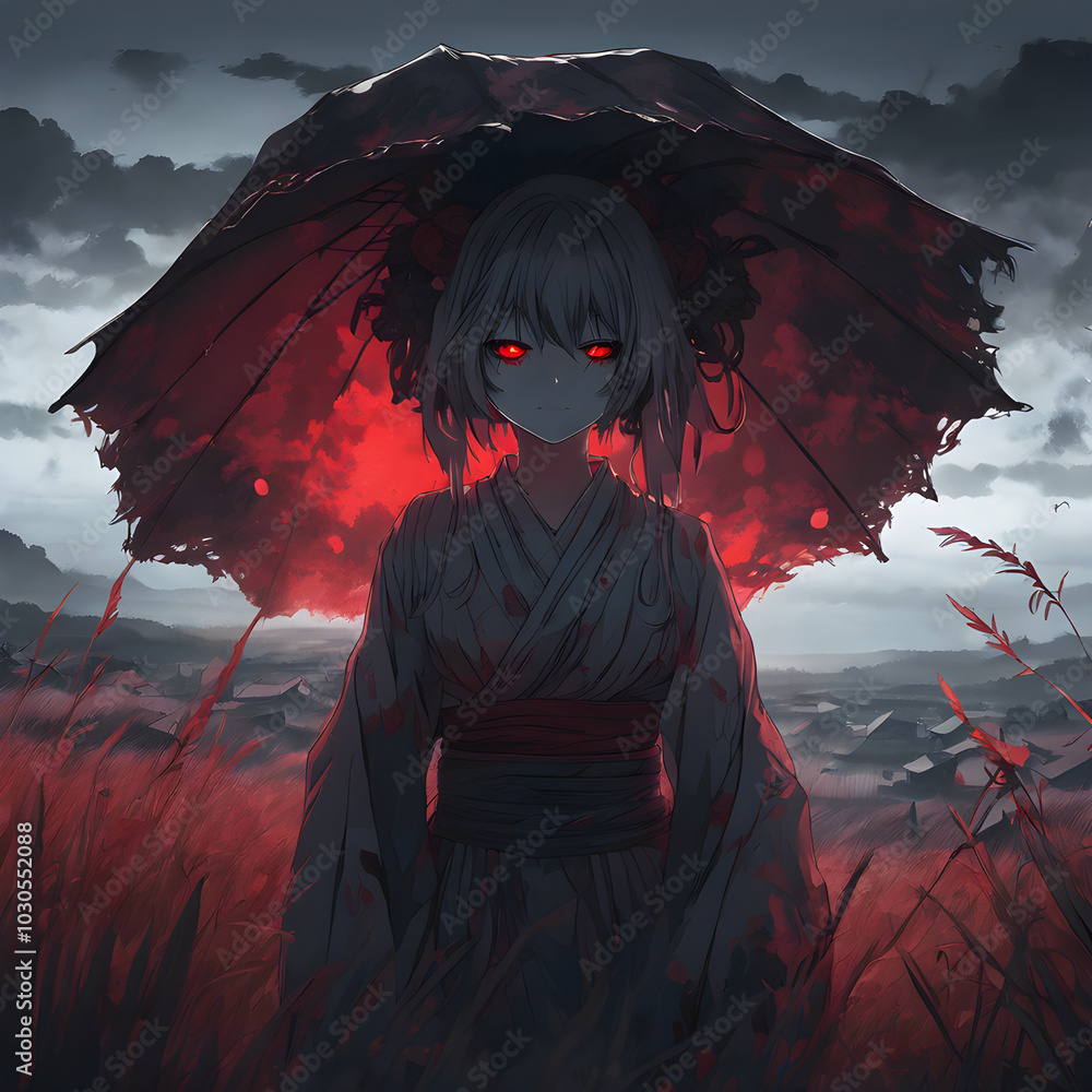 A young girl in a Japanese ghost costume, a white kimono, a pale face ...