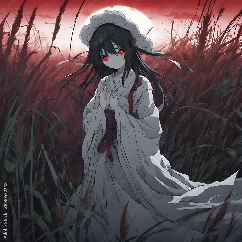 A young girl in a Japanese ghost costume, a white kimono, a pale face ...