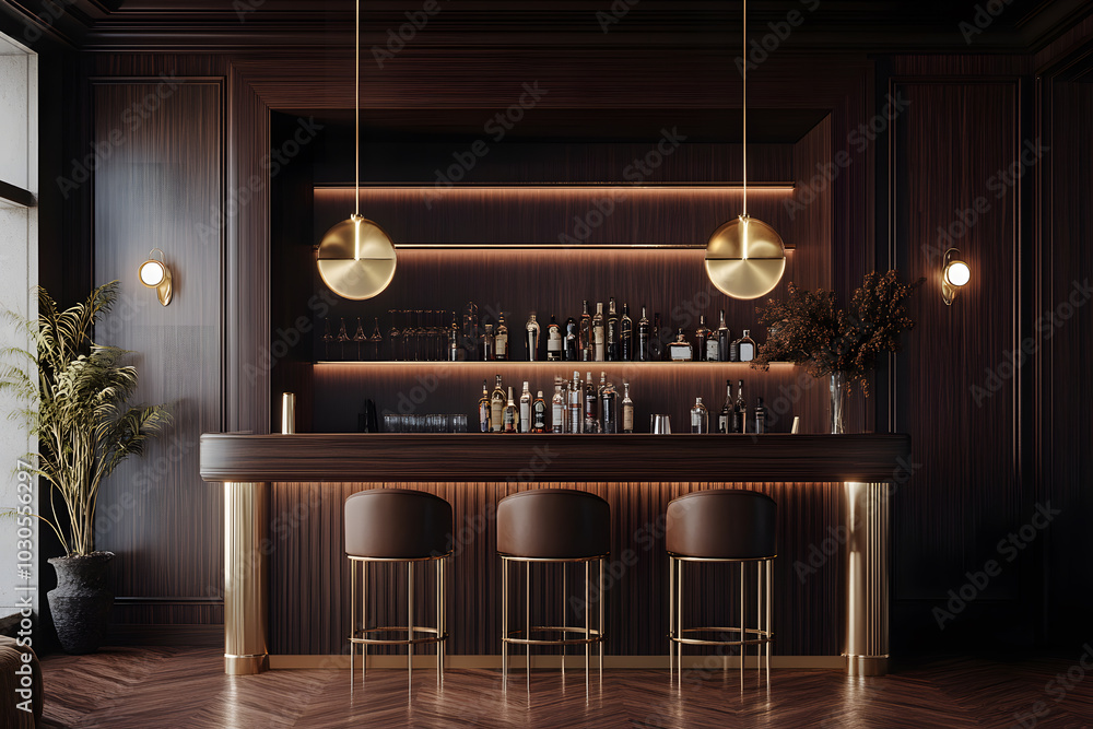 Sleek art Deco bar interior with minimalist design, featuring dark wood ...