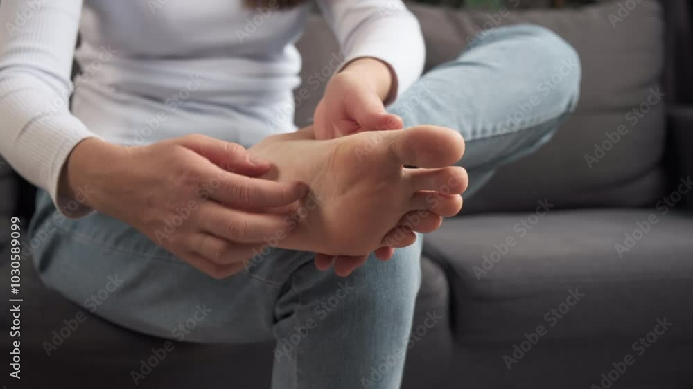 Close up ache young woman hand scratch feet, itch foot, problem itchy ...