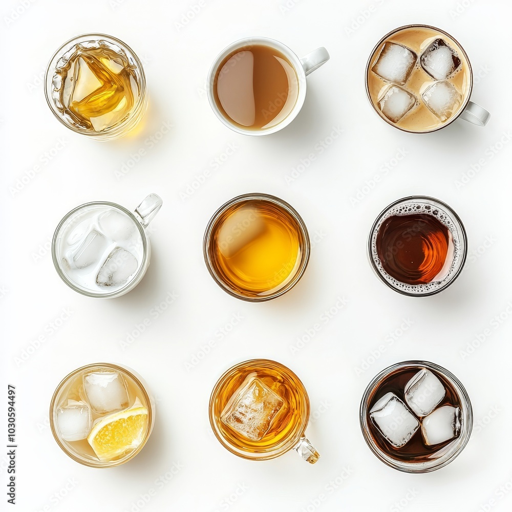 The coffee and tea aerial view element set comes with a transparent ...
