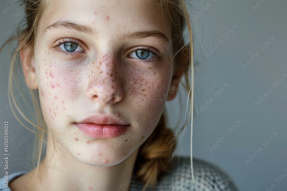 Teenage girl with freckles and acne is posing in a studio, showing her ...