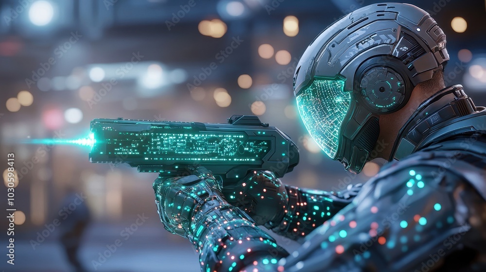 Elite soldier in high-tech armor, leading an assault in a futuristic ...