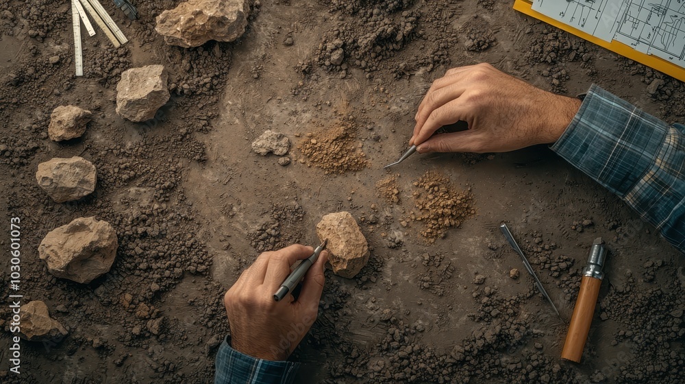 Archaeologist conducting research at excavation site analyzing ancient ...