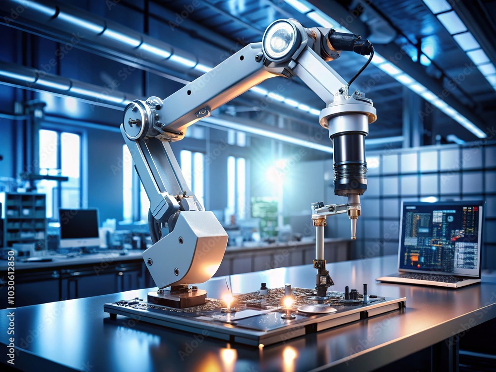 Sleek robotic arm assists in high-tech laboratory setting, precision ...