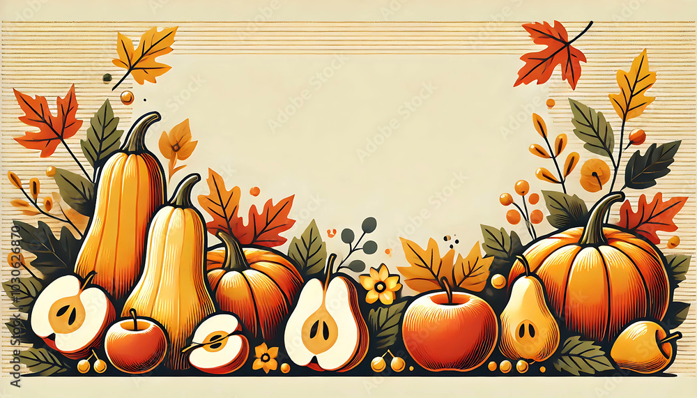 Autumn squash and apples background in Style of Flat Illustration ...