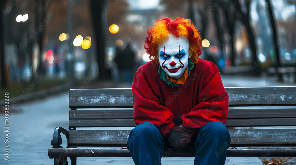 Generative AI, Silent Reflection: Clown Alone on a Park Bench Stock ...