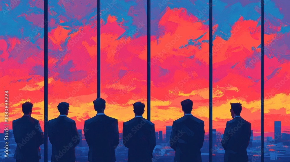 Illustrate a sleek, modern boardroom table with diverse, shadowy ...