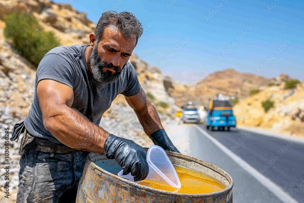 Roadside vendor with an old oil drum, pouring fuel with a plastic ...