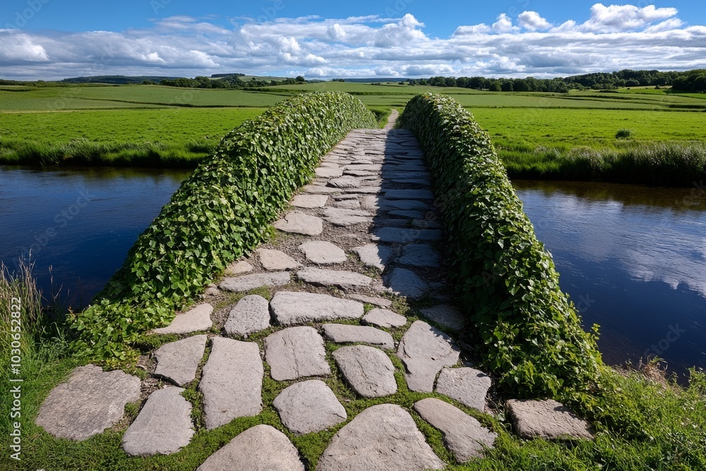 Stone footbridge covered with ivy, spanning a narrow river in the ...