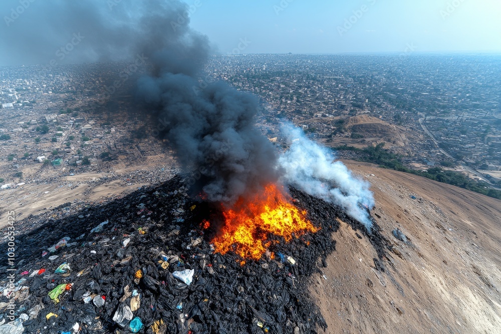 Thick toxic fumes rising from burning trash, with individual smoke ...
