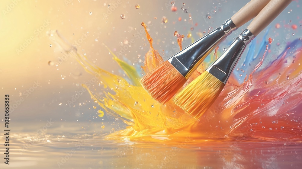 Two paintbrushes are in the water, with a splash of color from the ...