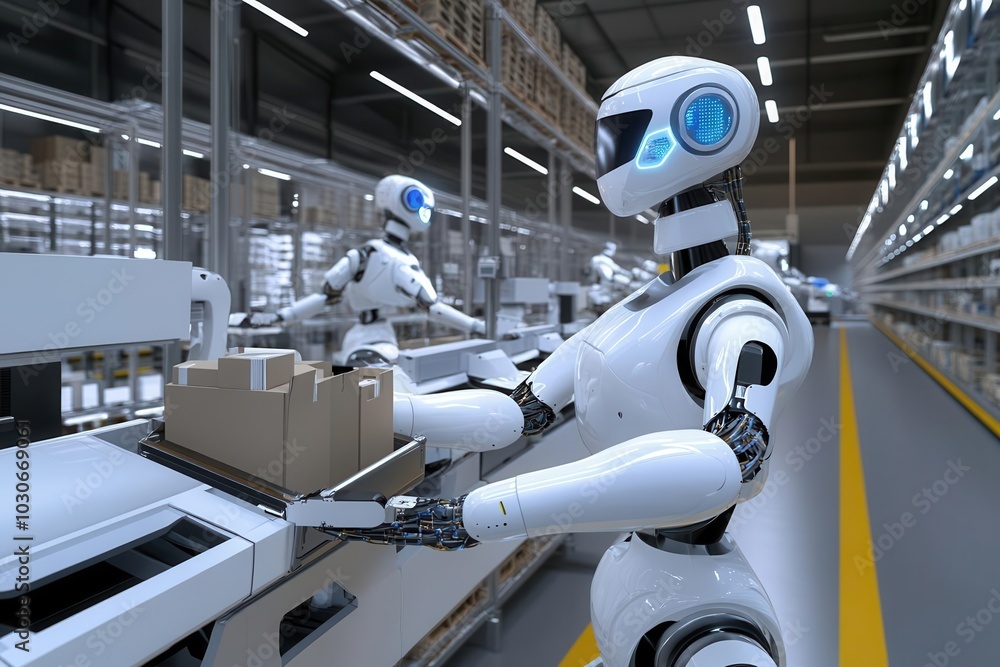 A fully automated warehouse with robotic arms sorting and packing items, driven by AI logistics ...