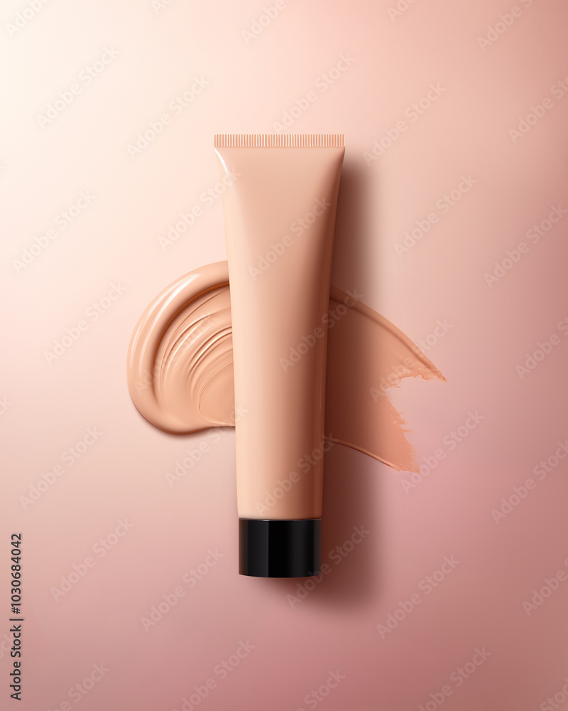 Narrow tube of foundation with black lid on swatch. Vertical mockup of ...