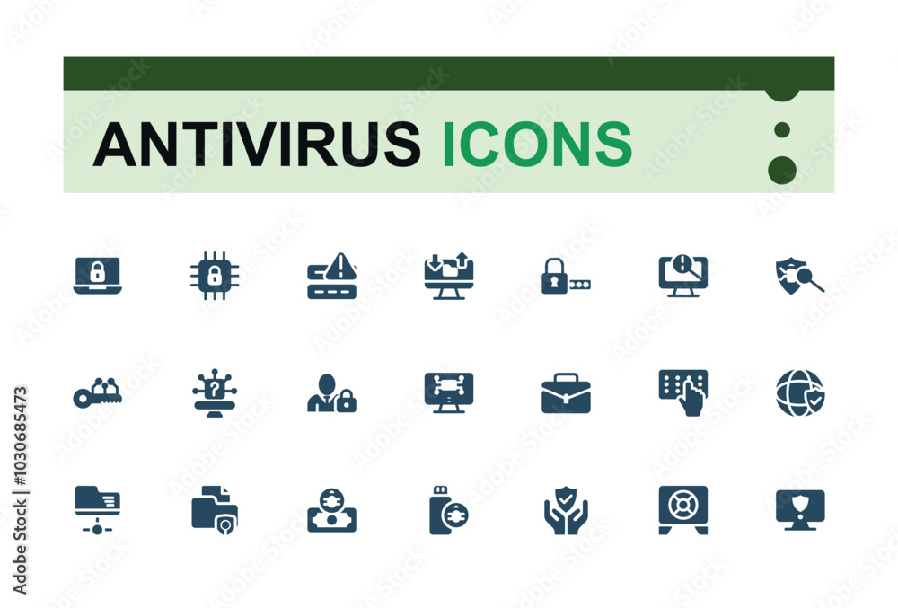 Antivirus icons solid collection. Set of security, scan, protection and ...
