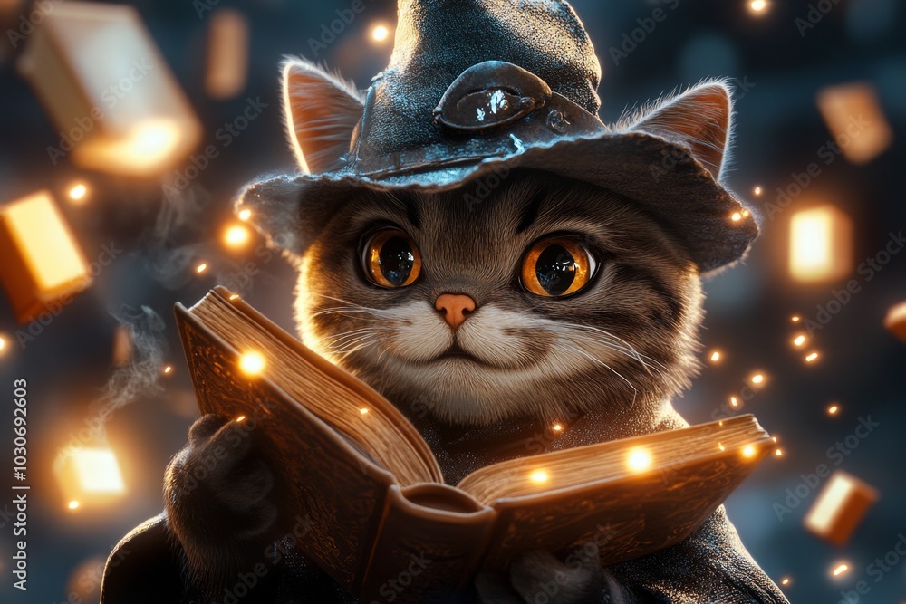 Wizard professor cat casting a spell with glowing books floating around ...