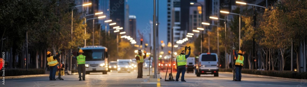 Street lighting installation along a busy city road, with workers in ...
