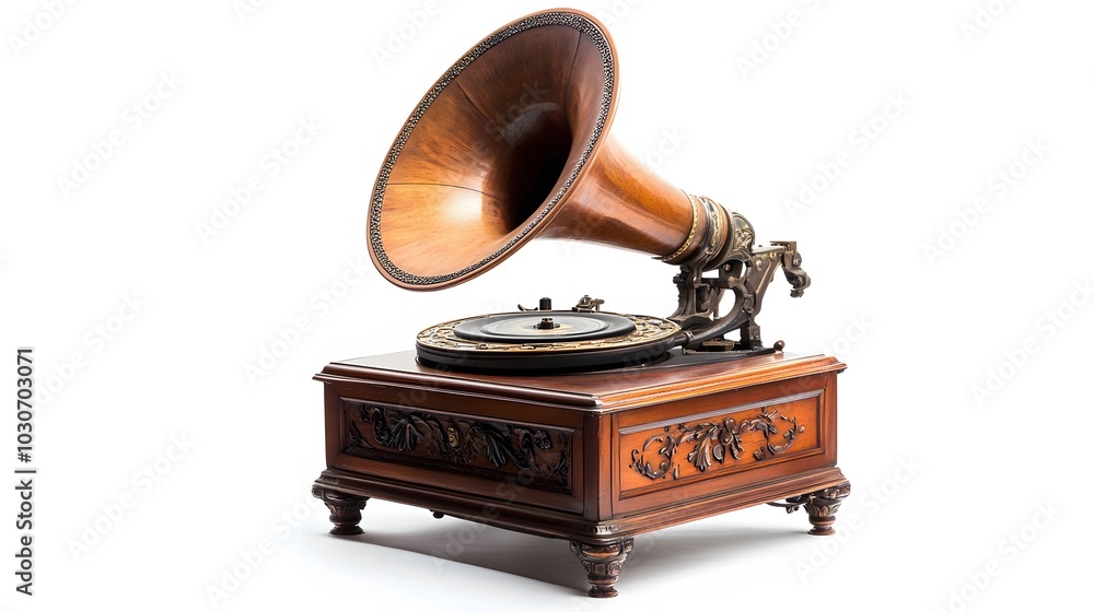 One vintage wooden phonograph with an ornate horn, warm ambient light ...