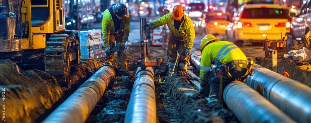 Workers installing underground utilities beneath a busy city street ...