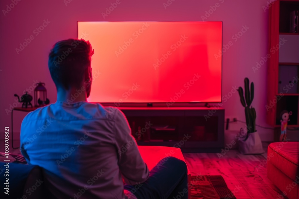 Ui mockup man in his 20s in front of an smart-tv with a fully red ...