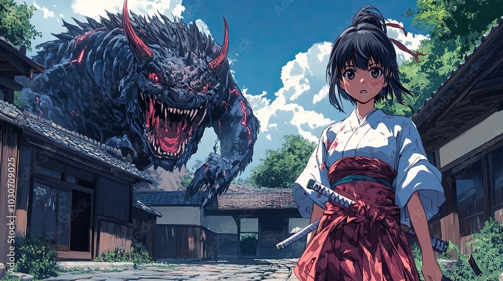 The samurai girl, dressed in traditional attire, faces a massive ...