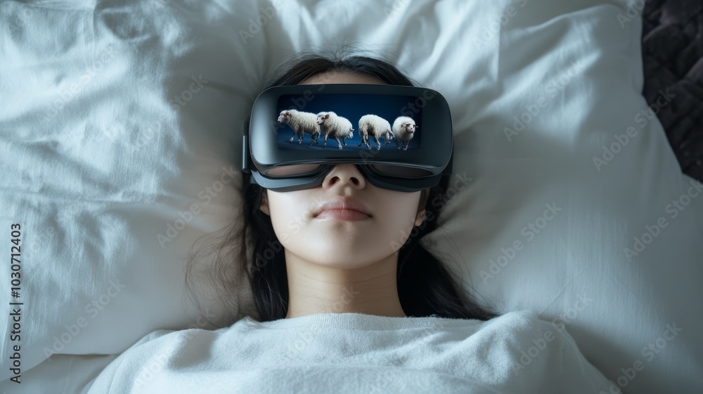 A woman lying in bed wearing a virtual reality headset displaying an ...