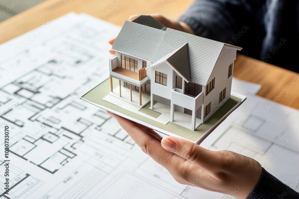 A person presents a detailed house model over a site plan, illustrating ...