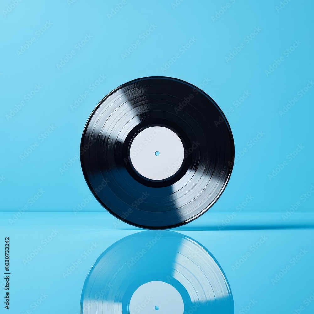Blank vinyl record standing upright on a reflective surface with no ...